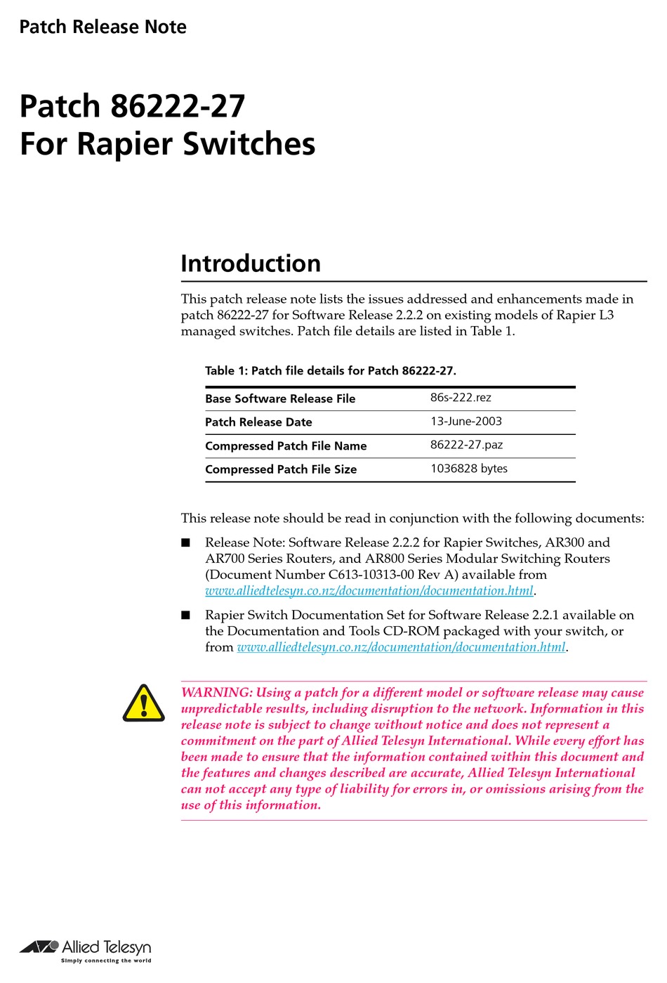 ALLIED TELESIS 86222-27 RELEASE NOTE Pdf Download | ManualsLib