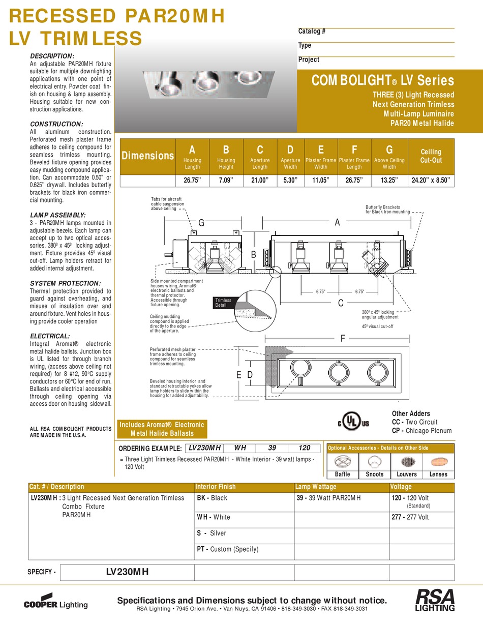 RSA LIGHTING COMBOLIGHT LV230MH SPECIFICATIONS Pdf Download | ManualsLib