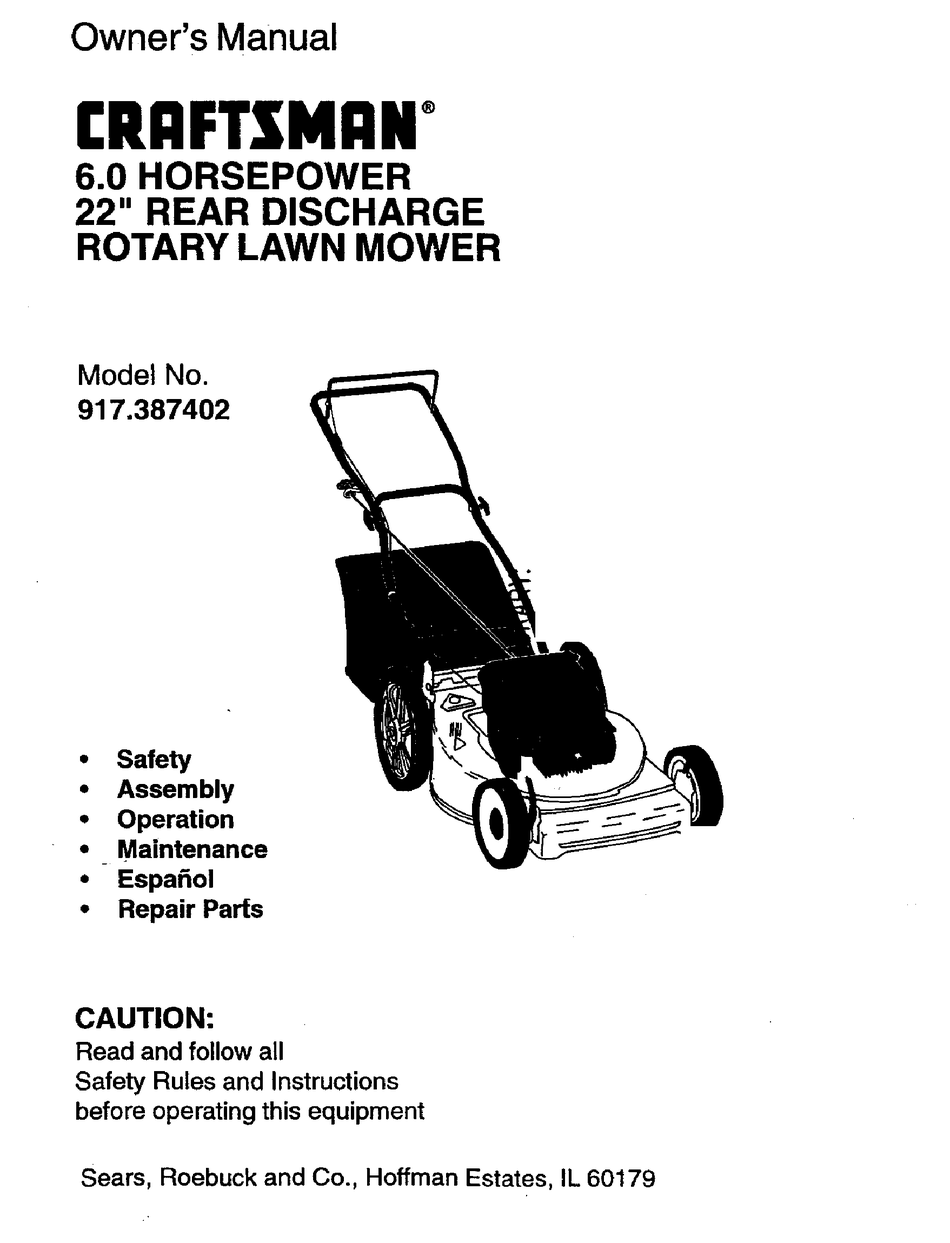 CRAFTSMAN 6 0 HORSEPOWER 22 REAR DISCHARGE ROTARY LAWN MOWER 917 