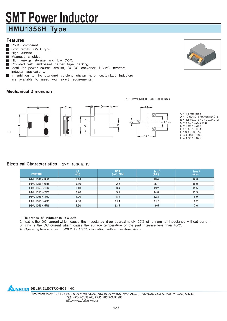DELTA ELECTRONICS SMT POWER INDUCTOR HMU1356H SPECIFICATION SHEET Pdf ...