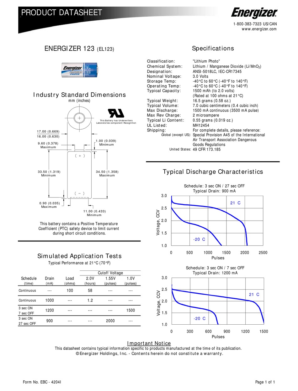 ENERGIZER 123 PRODUCT DATA SHEET Pdf Download | ManualsLib