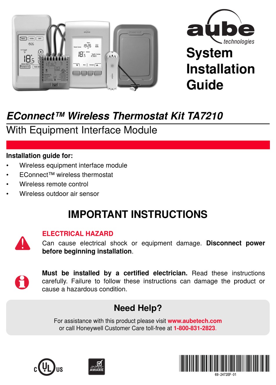 Aube Technologies Econnect Wireless Thermostat Kit Ta7210 System