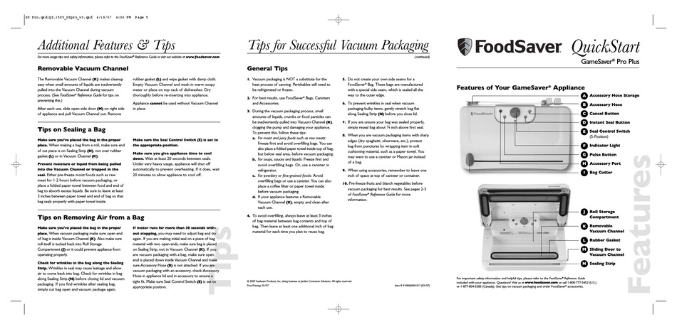 FOODSAVER GAMESAVER PRO PLUS QUICK START MANUAL Pdf Download | ManualsLib