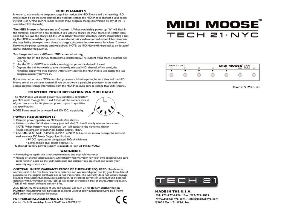 TECH 21 MIDI MOOSE OWNER'S MANUAL Pdf Download | ManualsLib