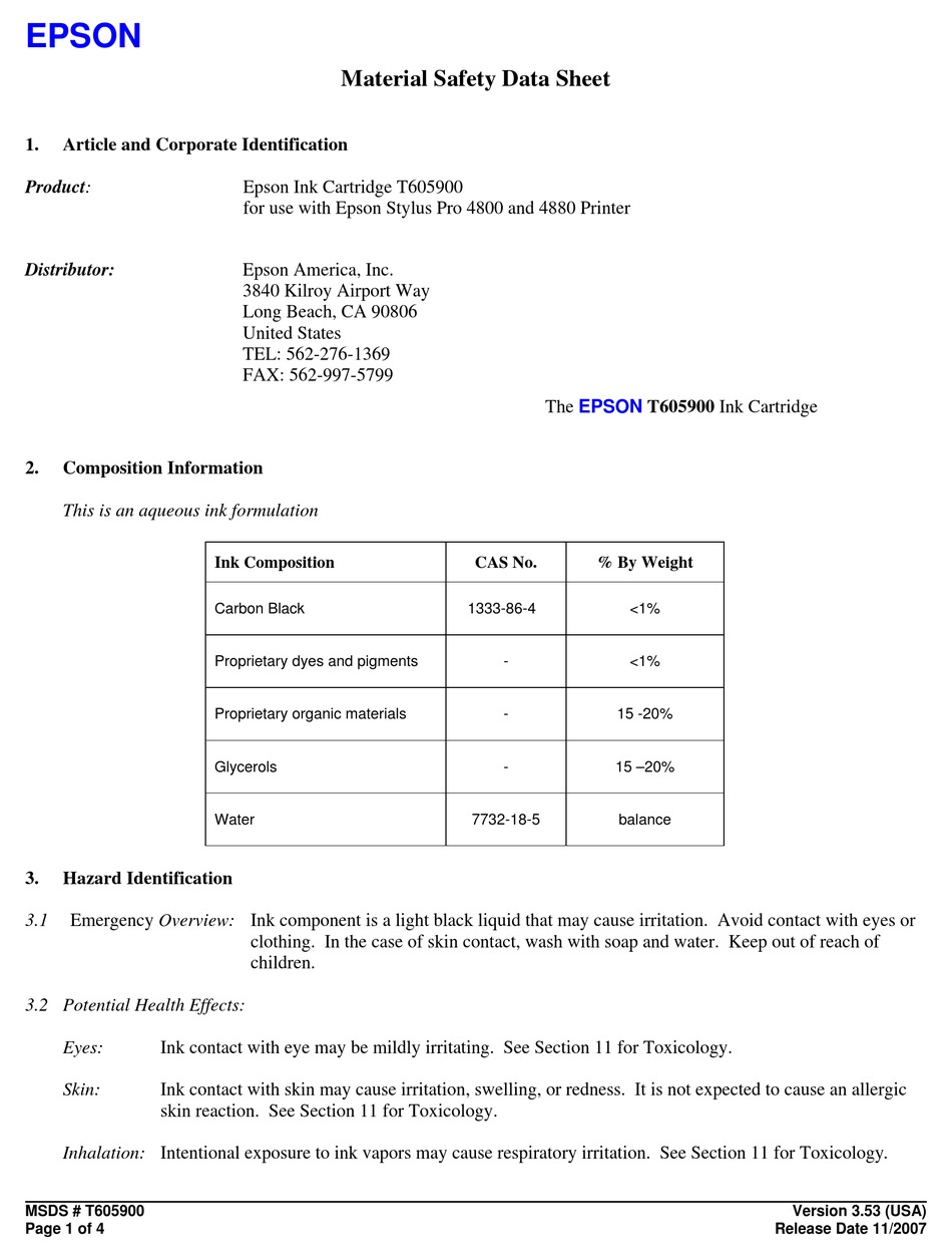 EPSON T605900 MATERIAL SAFETY DATA SHEET Pdf Download | ManualsLib