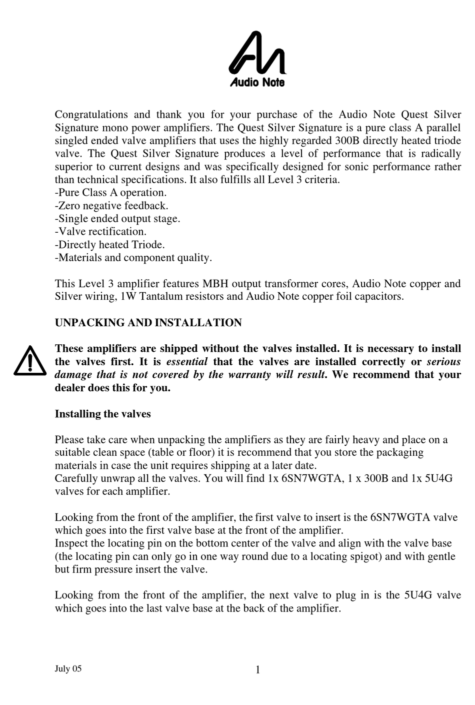 AUDIO NOTE QUEST SILVER SIGNATURE INSTALLATION Pdf Download | ManualsLib