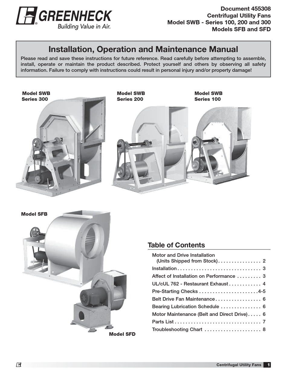 GREENHECK SWB 300 SERIES INSTALLATION, OPERATION AND MAINTENANCE MANUAL ...