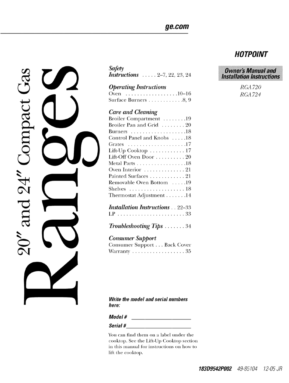 HOTPOINT RGA720 OWNER'S MANUAL AND INSTALLATION INSTRUCTIONS Pdf ...