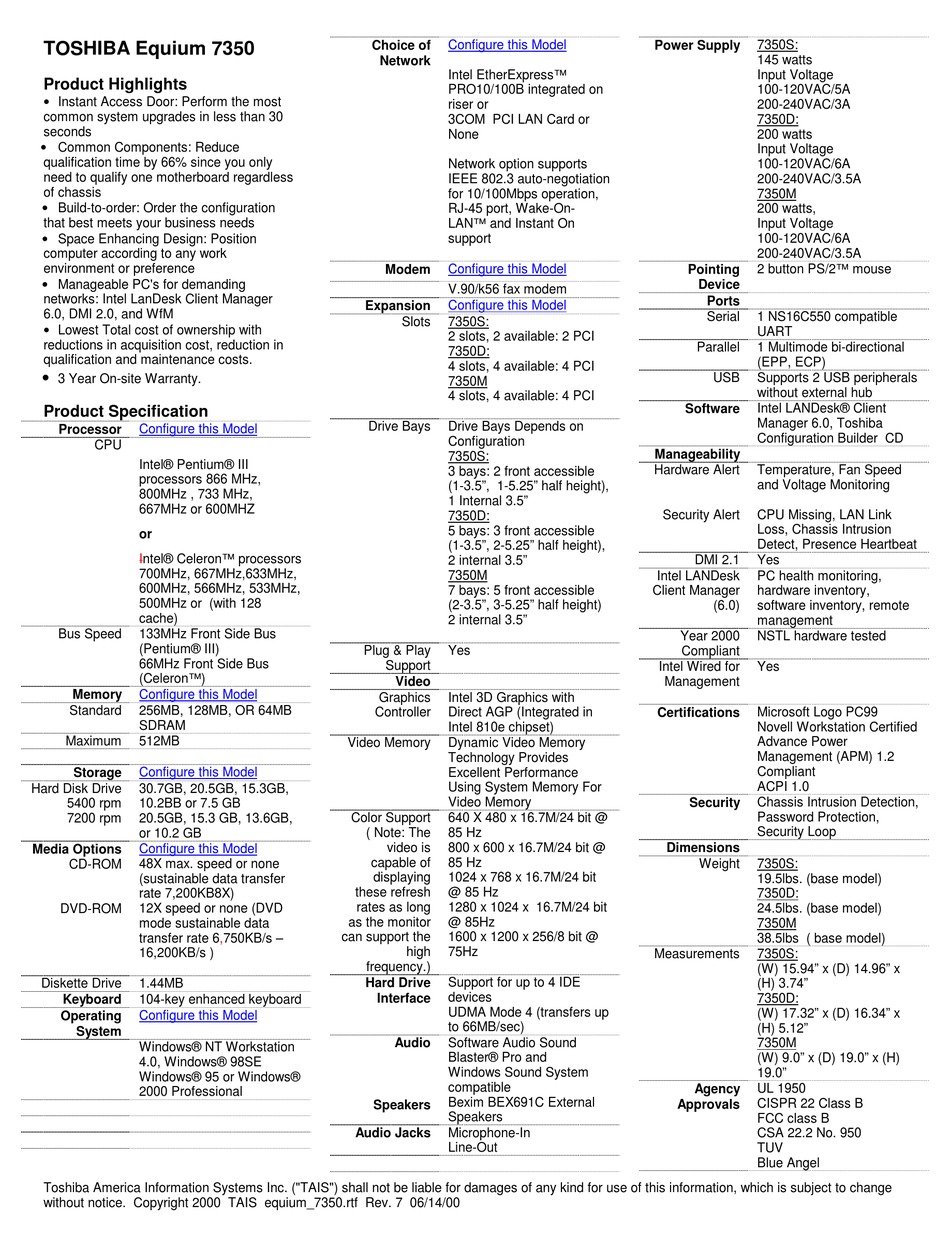 TOSHIBA EQUIUM 7350D SPECIFICATION SHEET Pdf Download | ManualsLib