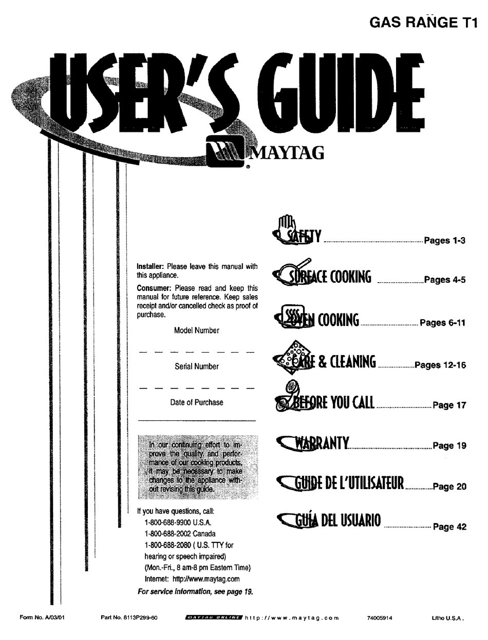 MAYTAG T1 USER MANUAL Pdf Download | ManualsLib