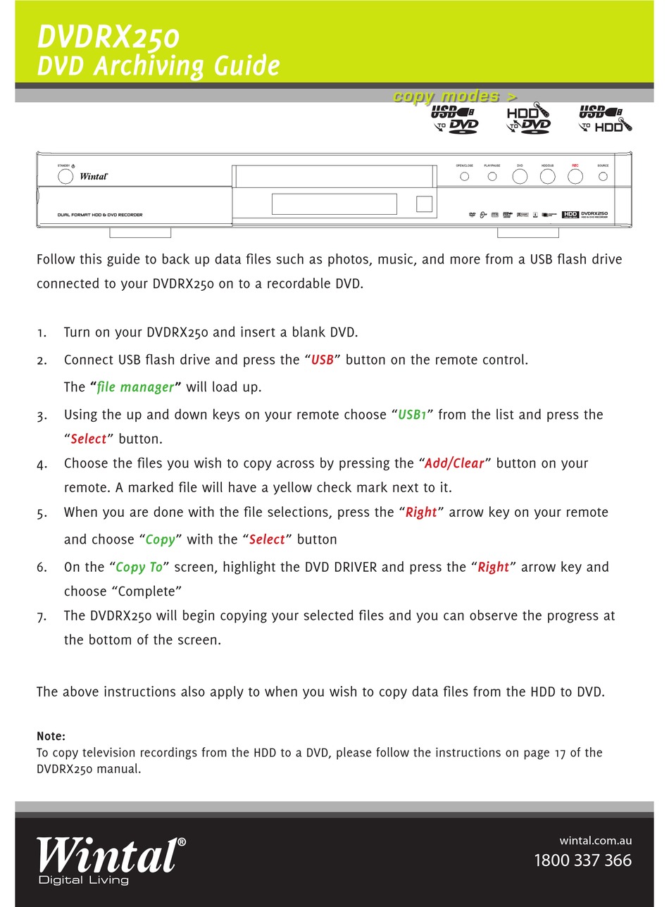 WINTAL DVDRX250 ARCHIVING MANUAL Pdf Download | ManualsLib