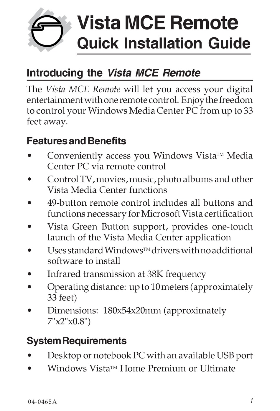 SIIG VISTA MCE REMOTE QUICK INSTALLATION MANUAL Pdf Download | ManualsLib