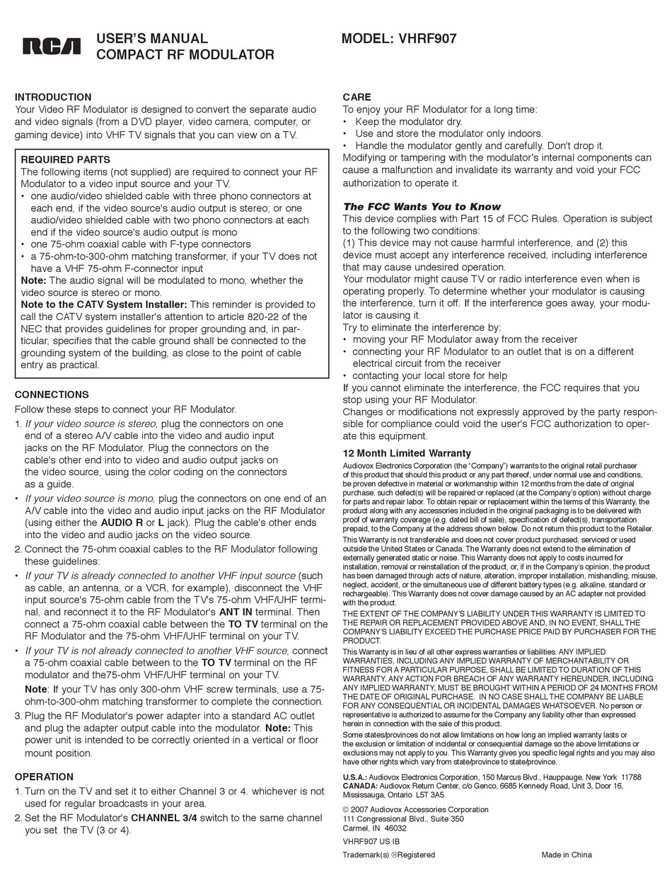 RCA VHRF907 USER MANUAL Pdf Download | ManualsLib