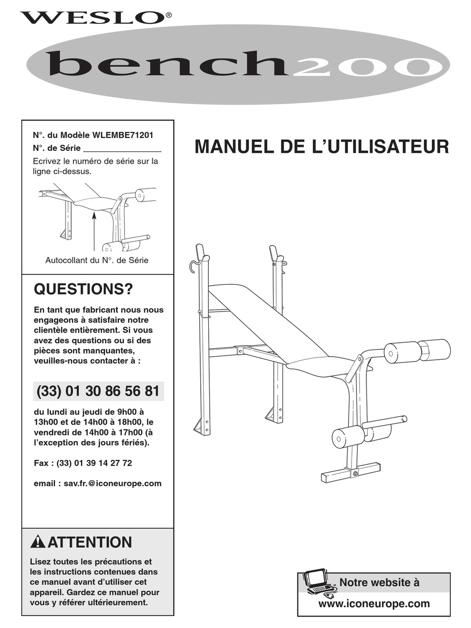 WESLO BENCH 200 MANUEL DE L'UTILISATEUR Pdf Download | ManualsLib
