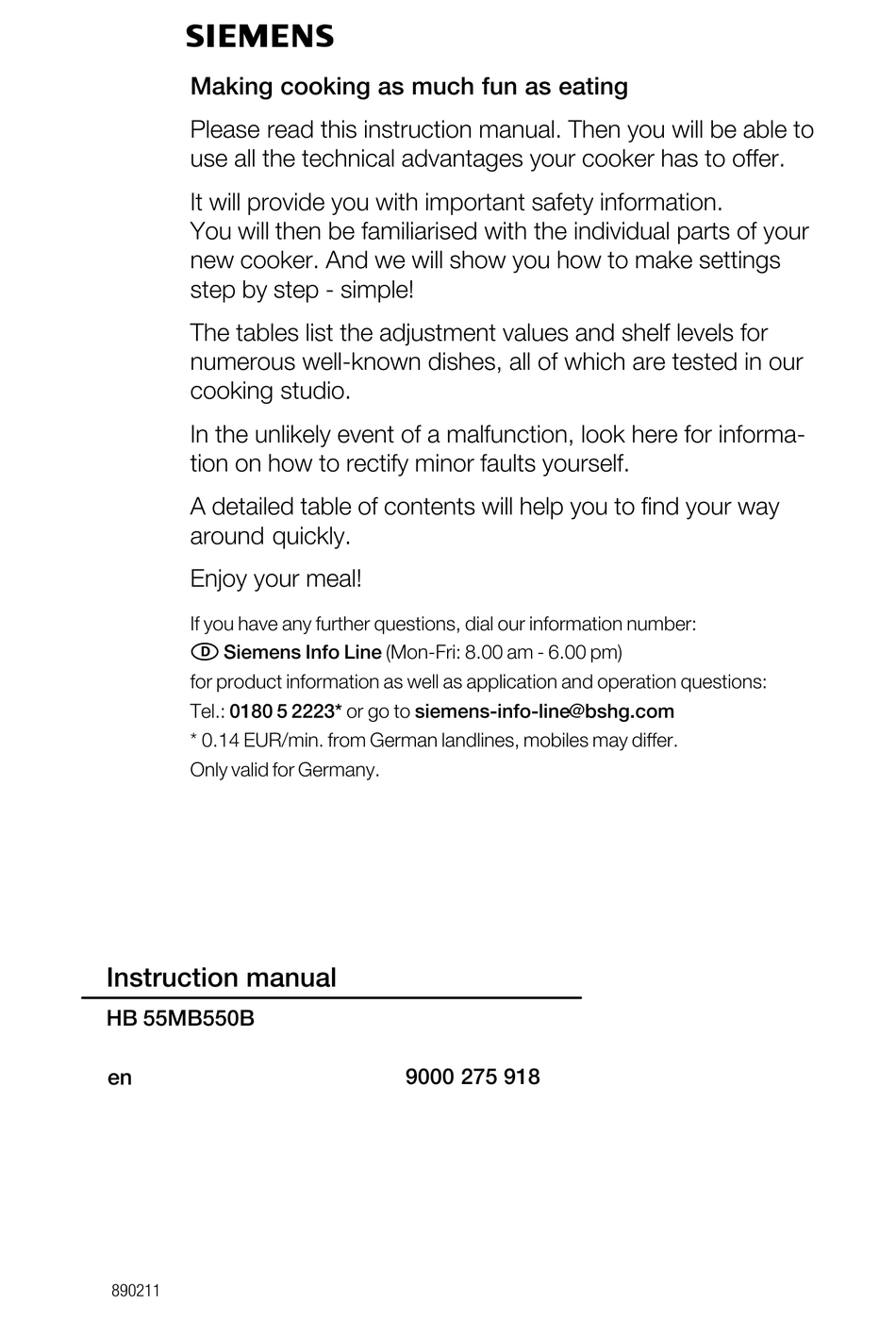 SIEMENS HB 55MB550B INSTRUCTIONS FOR USE MANUAL Pdf Download | ManualsLib