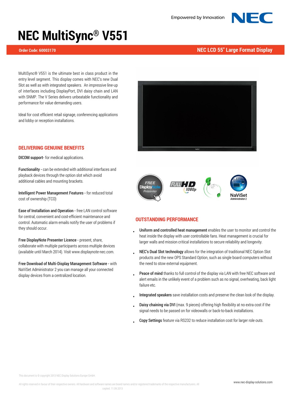 NEC MULTISYNC V551 SPECIFICATIONS Pdf Download | ManualsLib