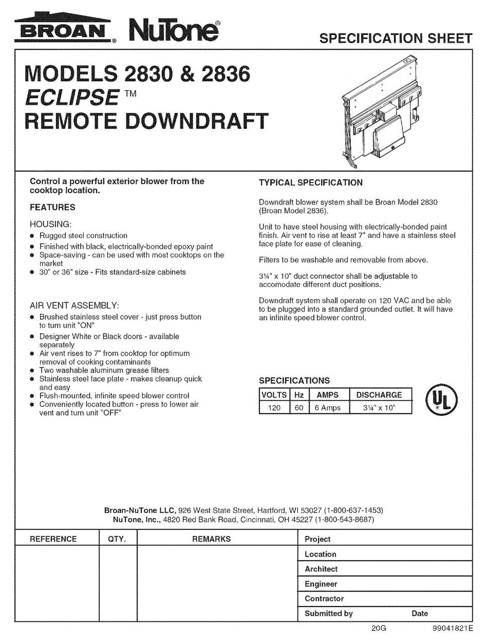 BROAN NUTONE ECLIPSE 2830 SPECIFICATION SHEET Pdf Download ManualsLib