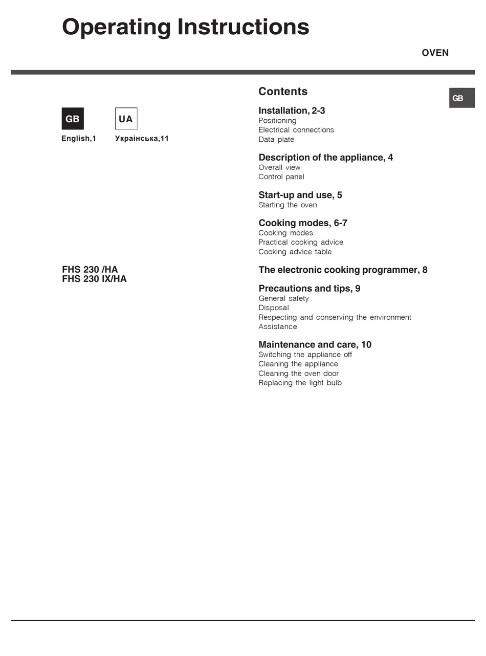 HOTPOINT FHS 230 OPERATING INSTRUCTIONS MANUAL Pdf Download | ManualsLib