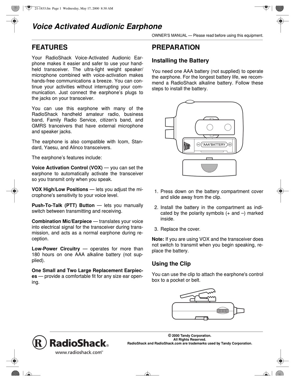 RADIO SHACK VOICE ACTIVATED AUDIONIC EARPHONE OWNER'S MANUAL Pdf ...