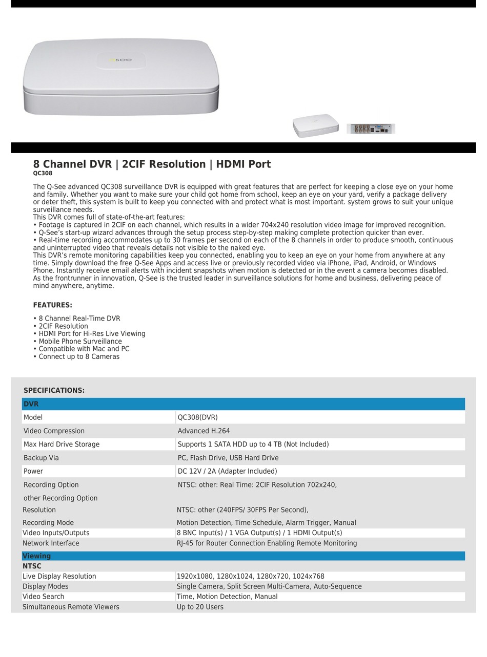 Q-SEE QC308 SPECIFICATIONS Pdf Download | ManualsLib