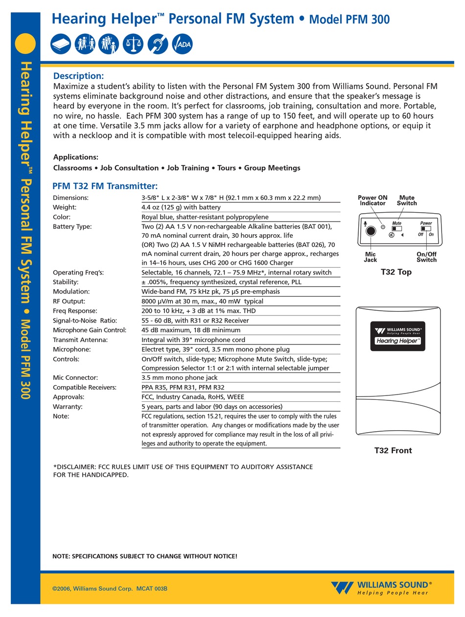 WILLIAMS SOUND HEARING HELPER PFM 300 SPECIFICATIONS Pdf Download ...
