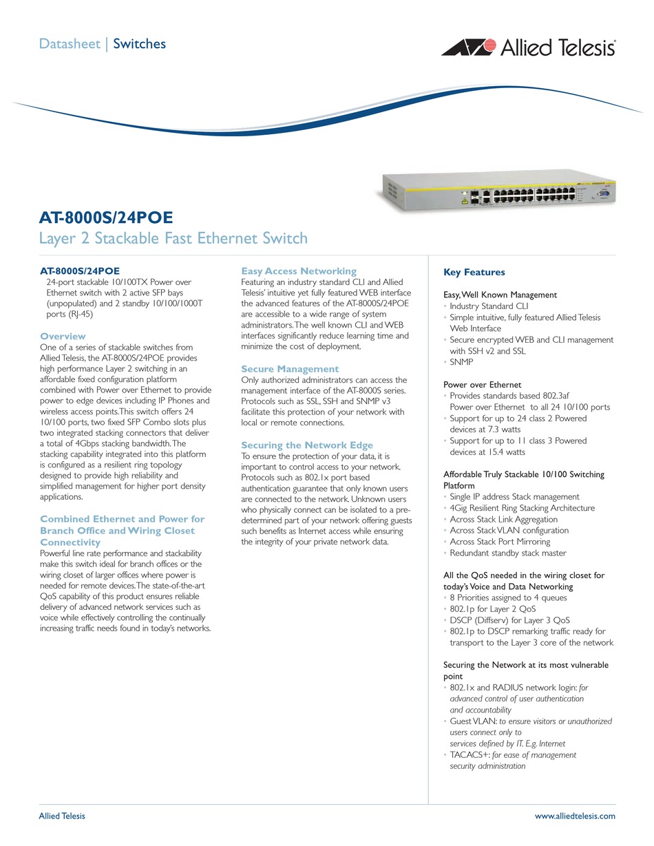 ALLIED TELESIS AT-8000S/24POE DATASHEET Pdf Download | ManualsLib