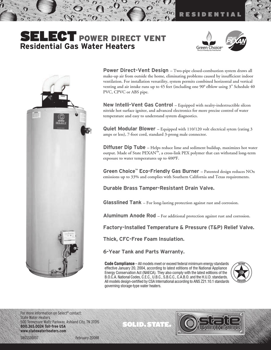 STATE WATER HEATERS GS6 40 YBPDT SPECIFICATIONS Pdf Download ManualsLib