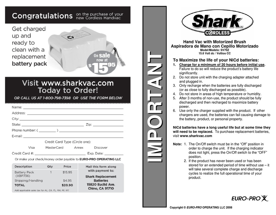 SHARK CORDLESS SHARK SV70Z INSTRUCTION MANUAL Pdf Download | ManualsLib