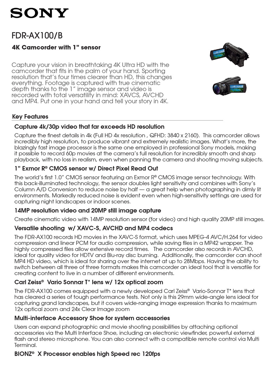 SONY FDR-AX100 SPECIFICATIONS Pdf Download | ManualsLib