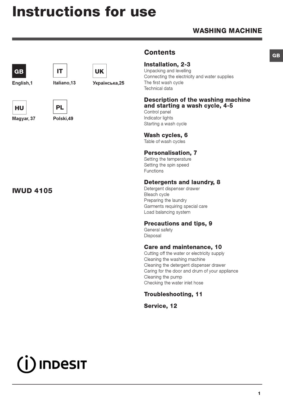 INDESIT IWUD 4105 INSTRUCTIONS FOR USE MANUAL Pdf Download | ManualsLib