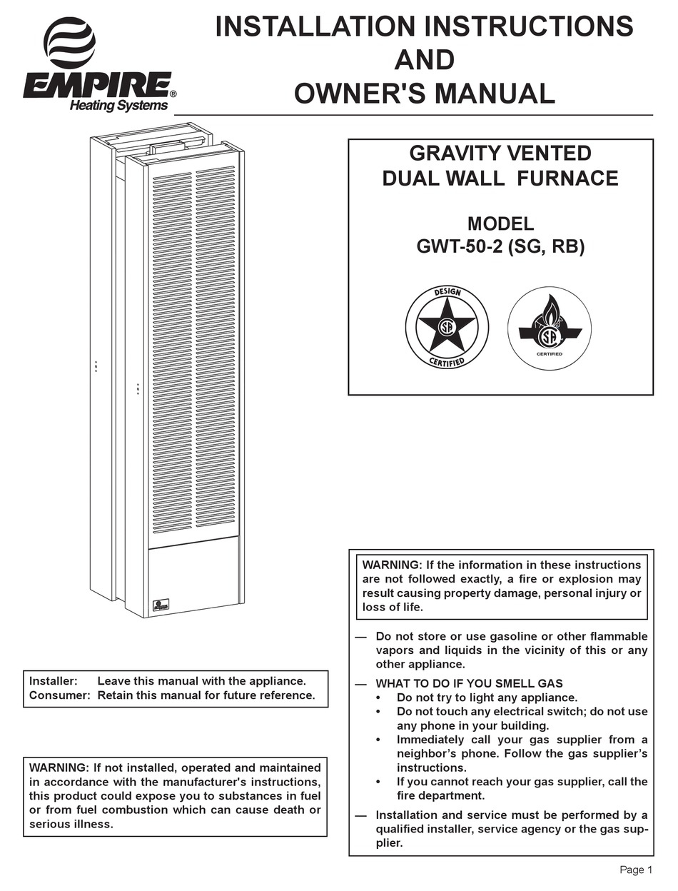 Empire Heating Systems Gwt 50 2 Sg Installation Instructions And Owner S Manual Pdf Download