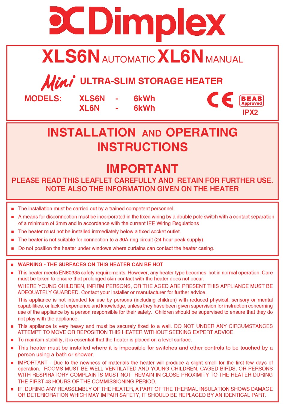 DIMPLEX XLS6N INSTALLATION AND OPERATING INSTRUCTIONS Pdf Download ...