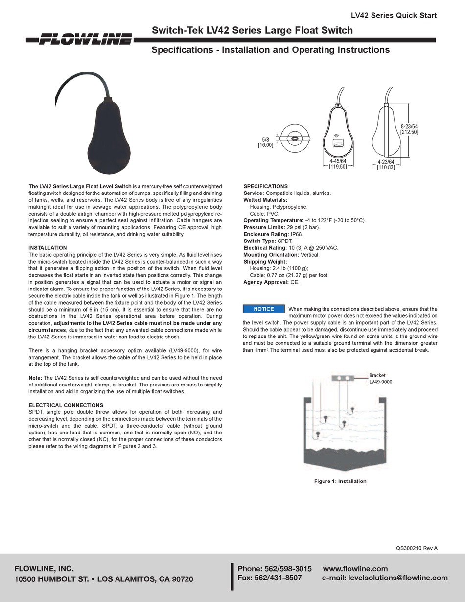 Flowline Switch Tek Lv42 Series Specifications Installation And