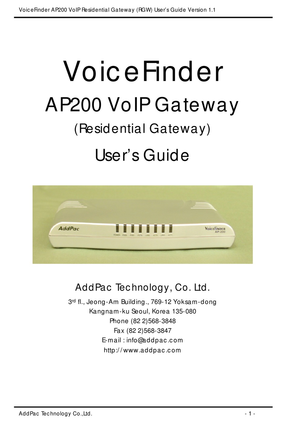 ADDPAC VOICEFINDER AP200 USER MANUAL Pdf Download | ManualsLib