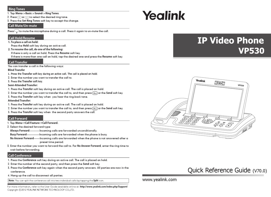 YEALINK VP530 QUICK REFERENCE MANUAL Pdf Download | ManualsLib
