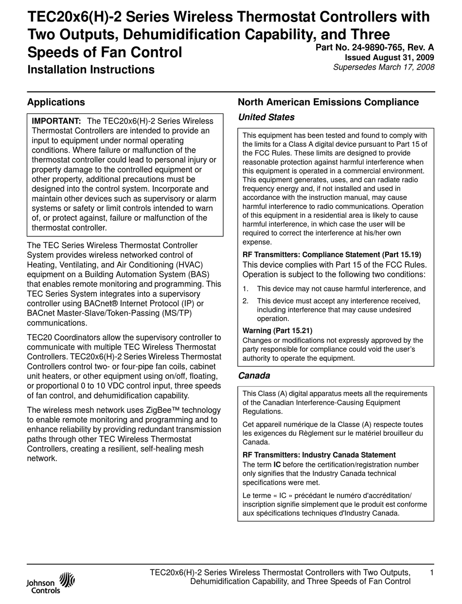 JOHNSON CONTROLS TEC20X6 2 SERIES INSTALLATION INSTRUCTIONS MANUAL Pdf johnson-controls-tec20x6-2-series-installation-instructions-manual-pdf