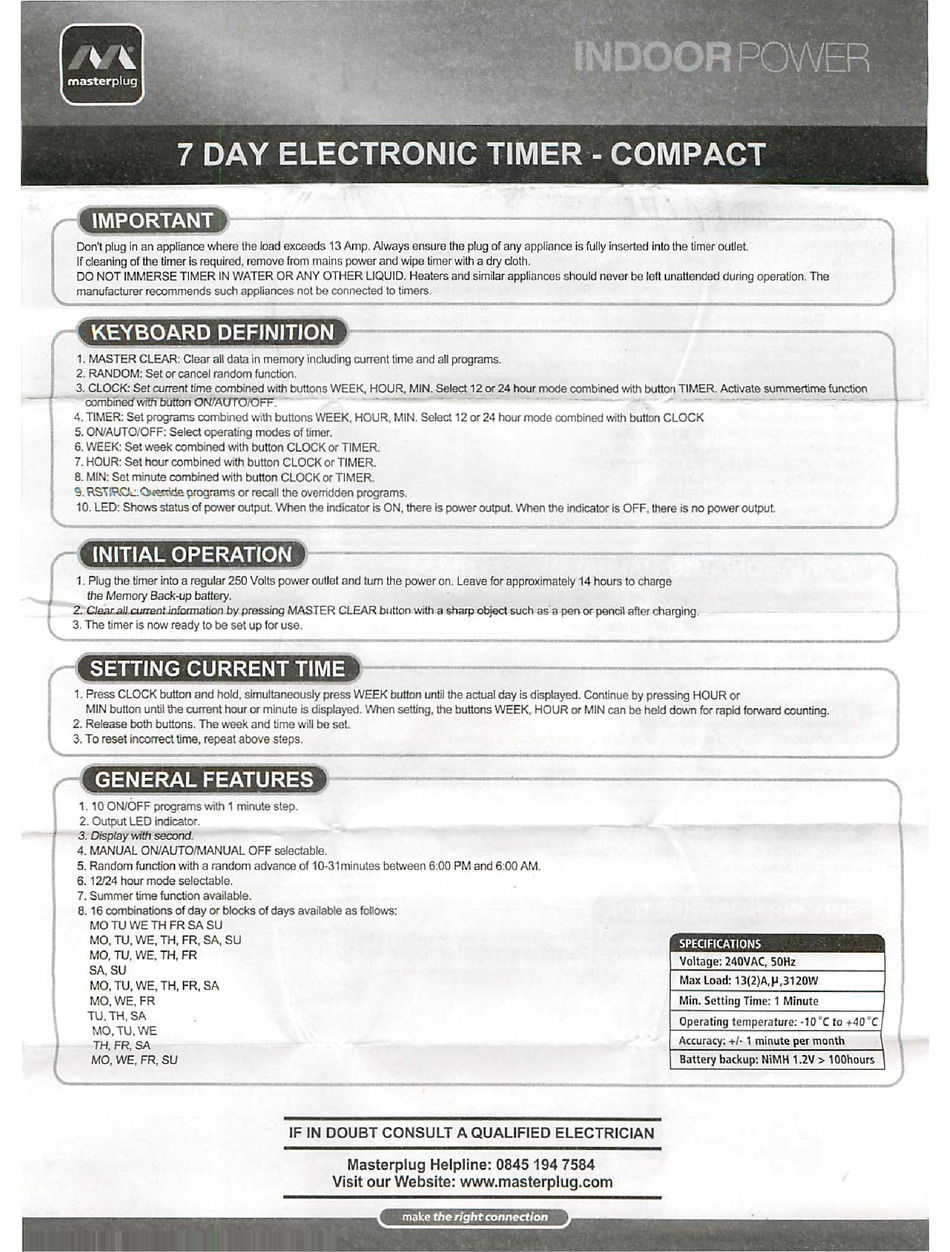 MASTERPLUG 7 DAY ELECTRONIC TIMER COMPACT USER INFORMATION Pdf 
