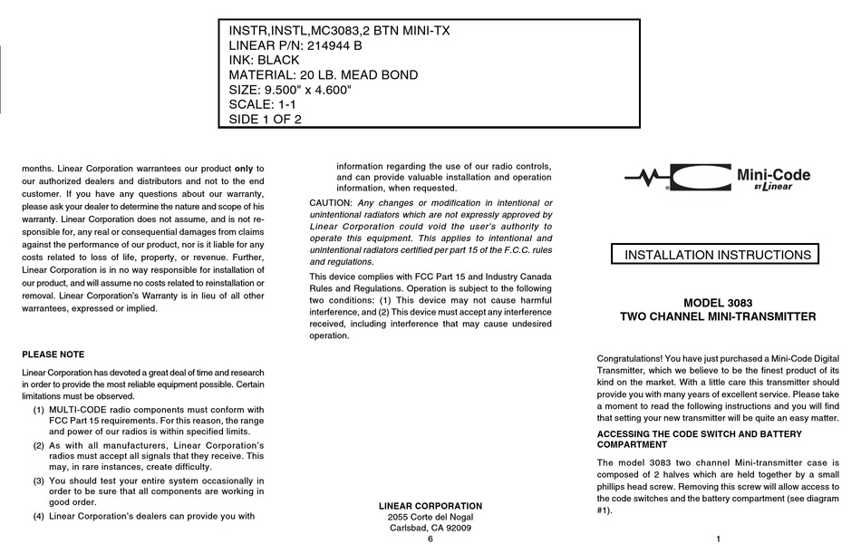 LINEAR MINI-CODE 3083 INSTALLATION INSTRUCTIONS Pdf Download | ManualsLib