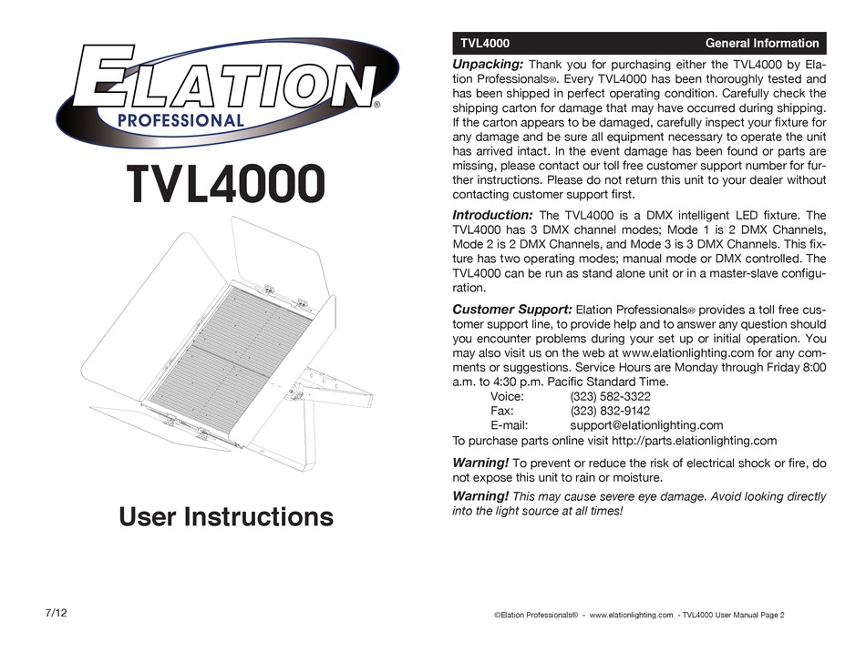ELATION TVL4000 USER INSTRUCTIONS Pdf Download | ManualsLib