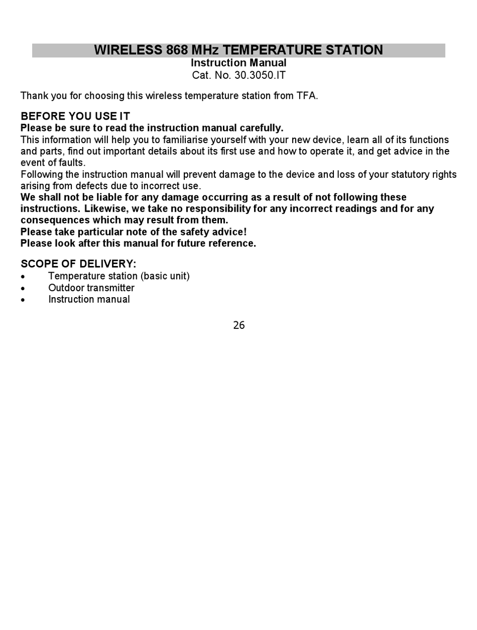 Tfa Dostmann Wireless 868 Mhz Temperature Station Instruction Manual