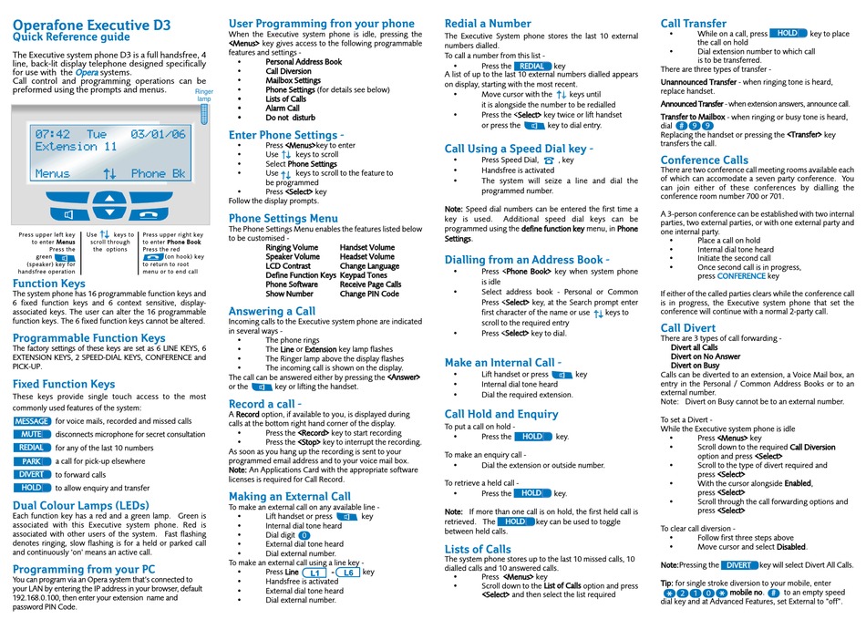 OPERA OPERAFONE EXECUTIVE D3 QUICK REFERENCE MANUAL Pdf Download ...