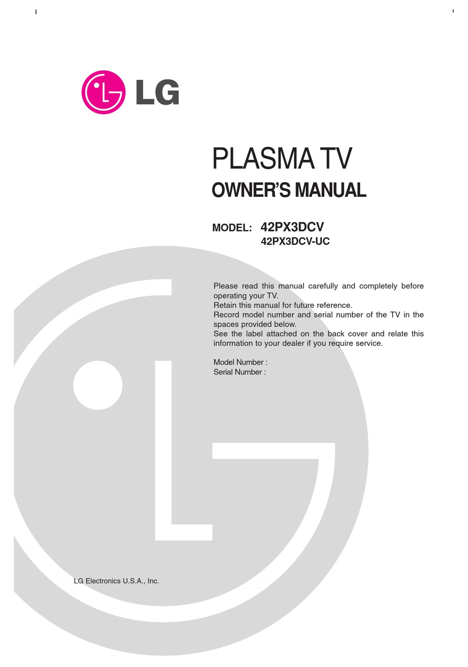 LG 42PX3DCV OWNER'S MANUAL Pdf Download | ManualsLib
