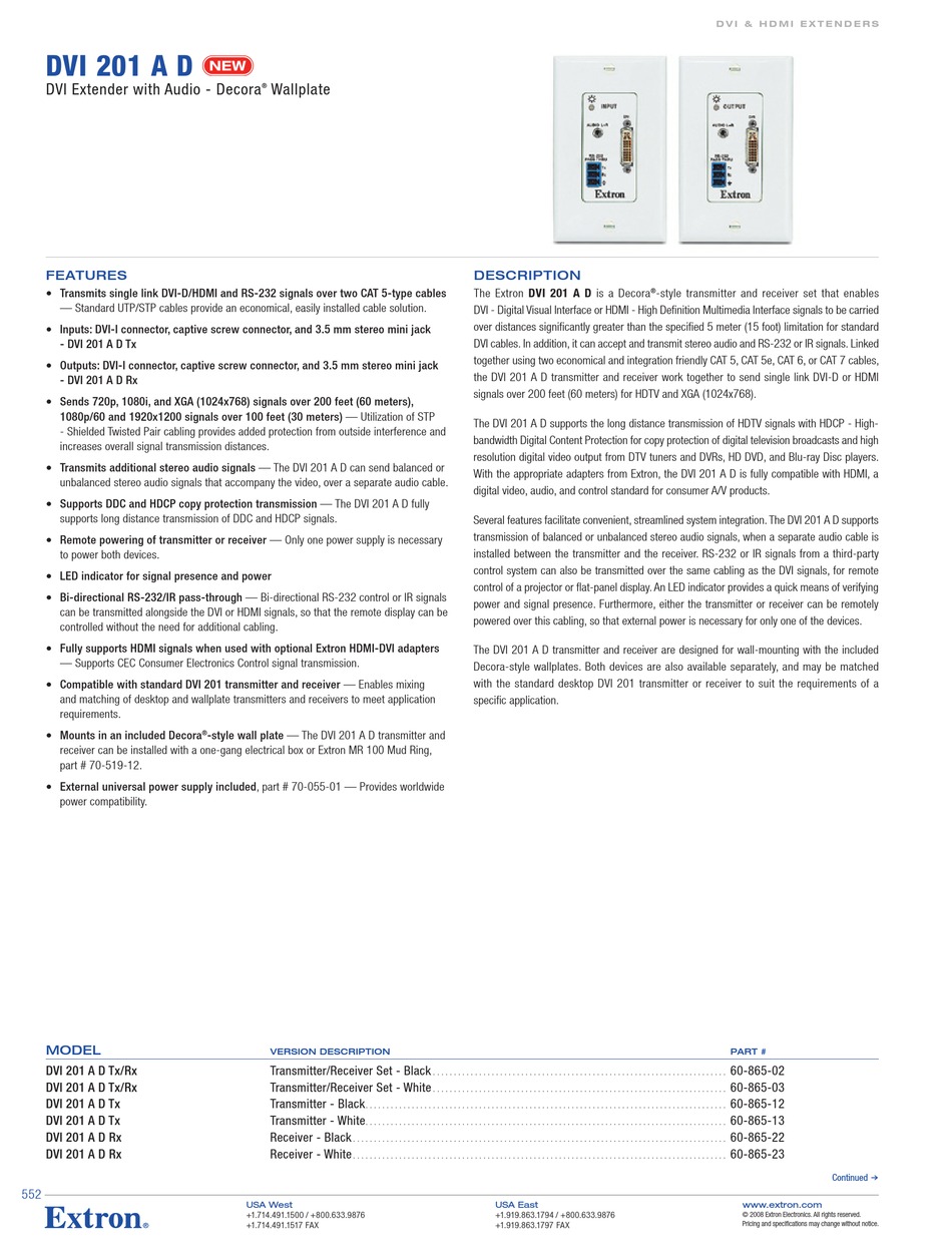 EXTRON ELECTRONICS DVI 201 A D TX/RX SPECIFICATION SHEET Pdf Download ...