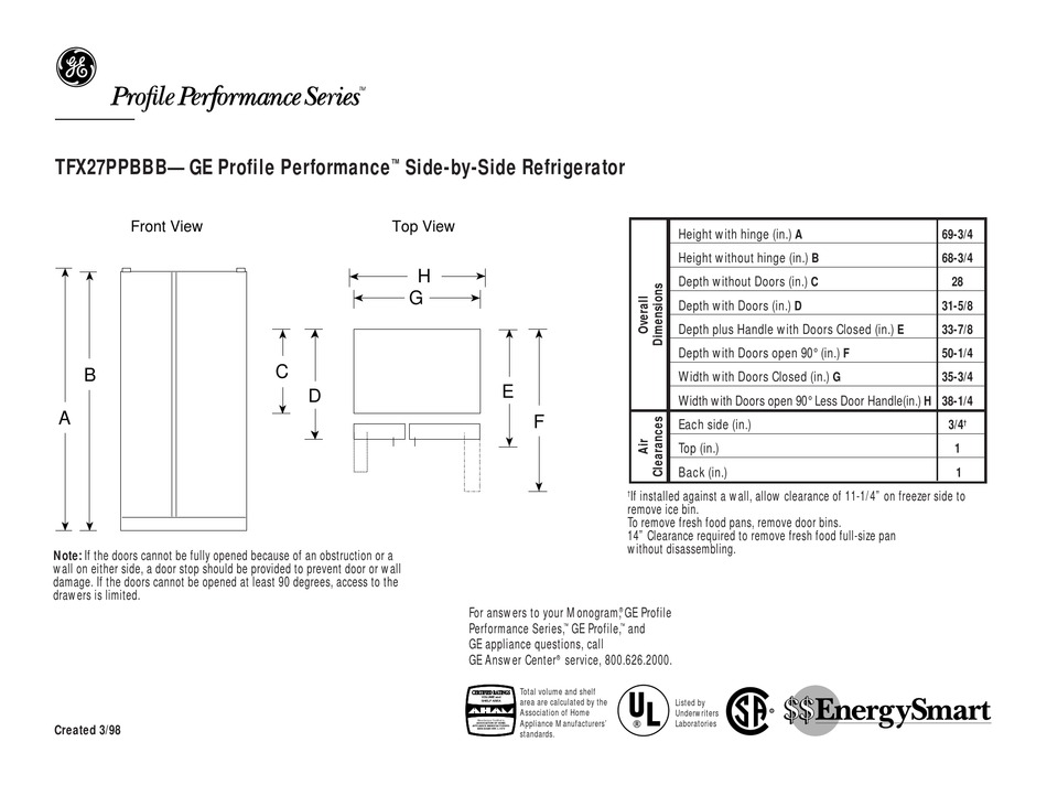 GE PROFILE PERFORMANCE TFX27PPBAA SPECIFICATION SHEET Pdf Download ...
