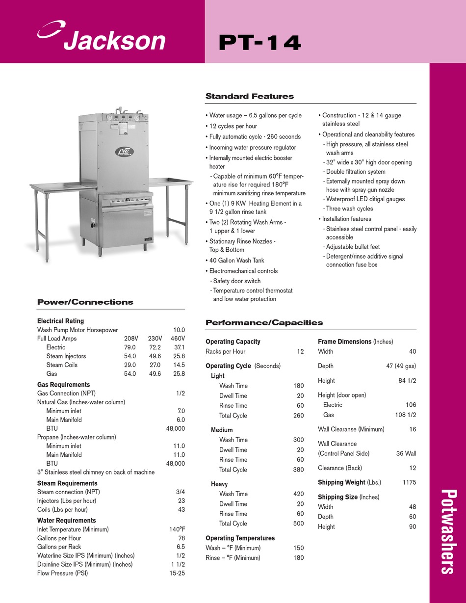 JACKSON POTWASHERS PT-14 SPECIFICATION SHEET Pdf Download | ManualsLib