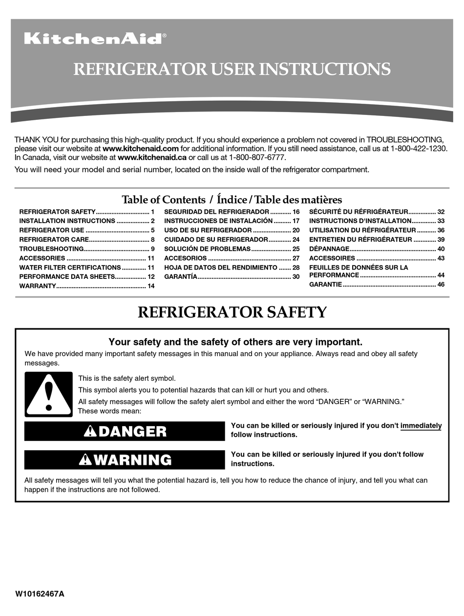 KITCHENAID W10162466A USER INSTRUCTIONS Pdf Download | ManualsLib