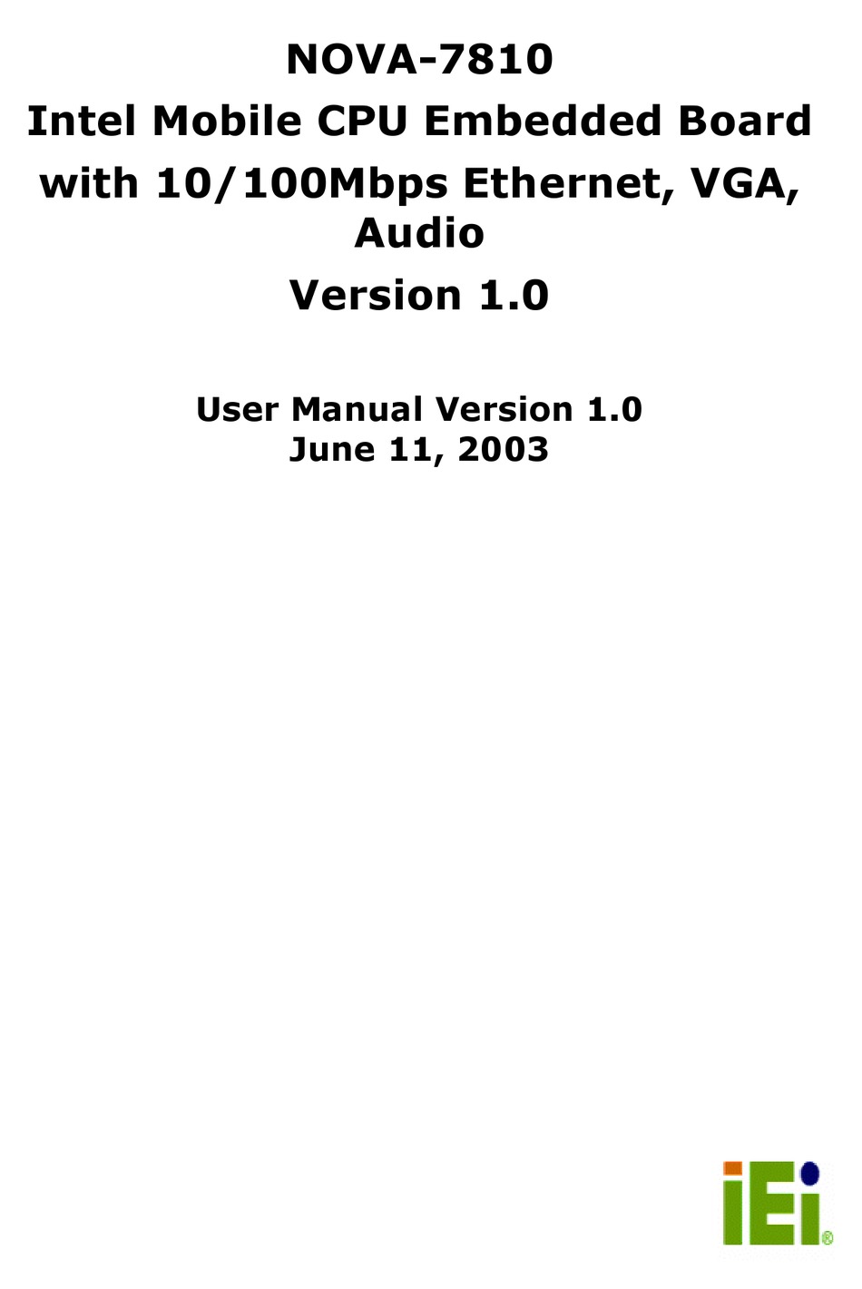 IEI TECHNOLOGY NOVA-7810 USER MANUAL Pdf Download | ManualsLib