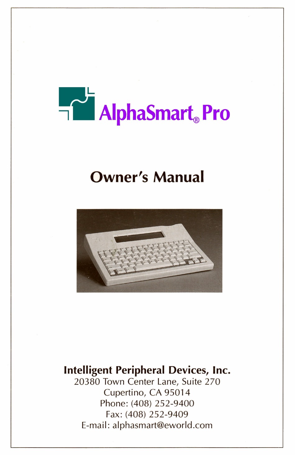INTELLIGENT PERIPHERAL DEVICES ALPHASMART PRO OWNER'S MANUAL Pdf ...