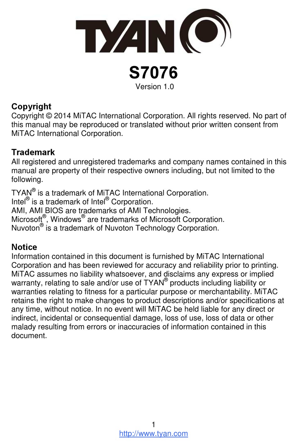 TYAN S7076 USER MANUAL Pdf Download | ManualsLib