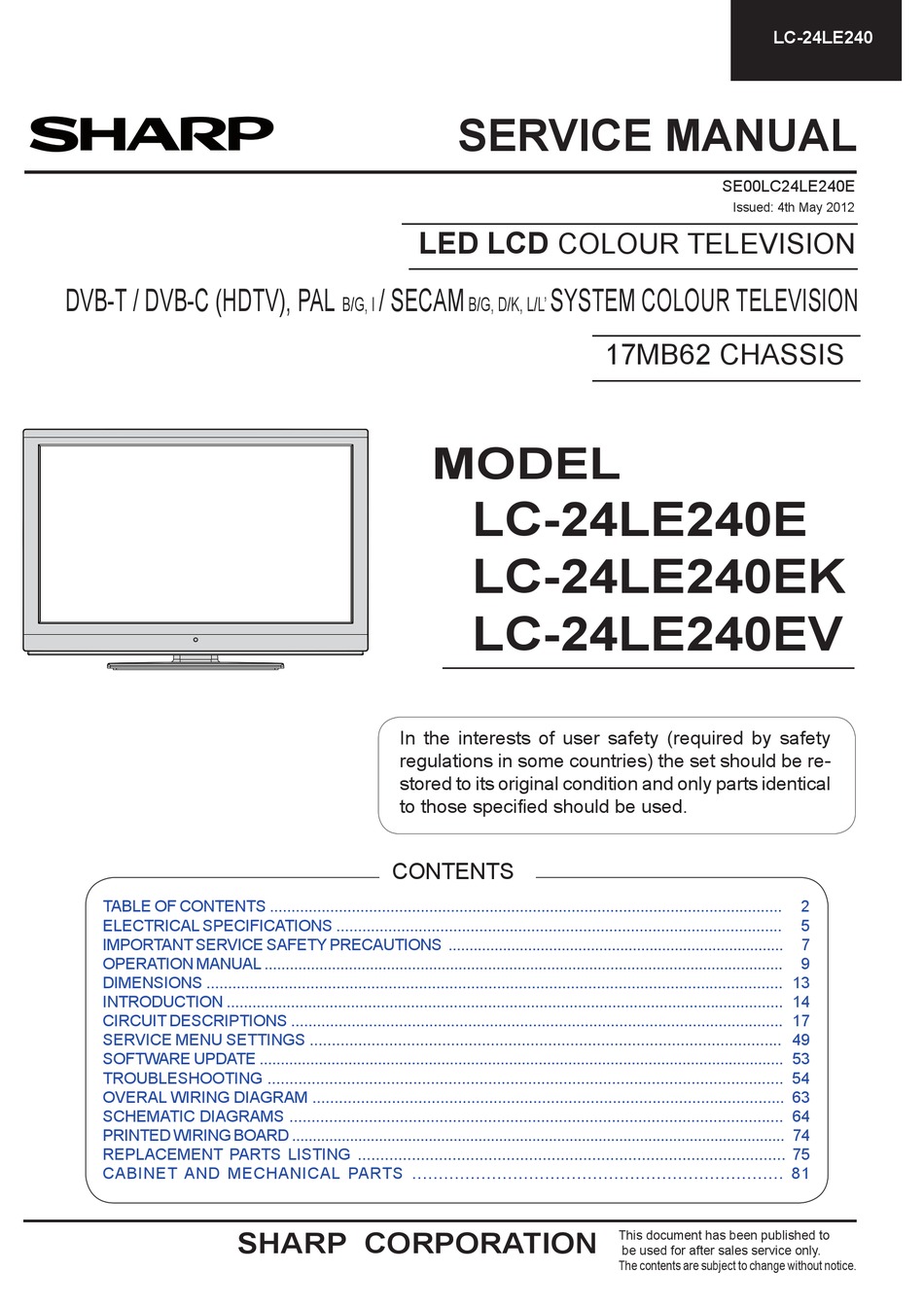 SHARP LC-24LE240E SERVICE MANUAL Pdf Download | ManualsLib